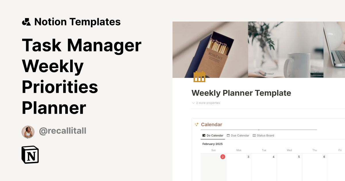 Task Manager Weekly Priorities Planner Template by Lez | Notion Marketplace
