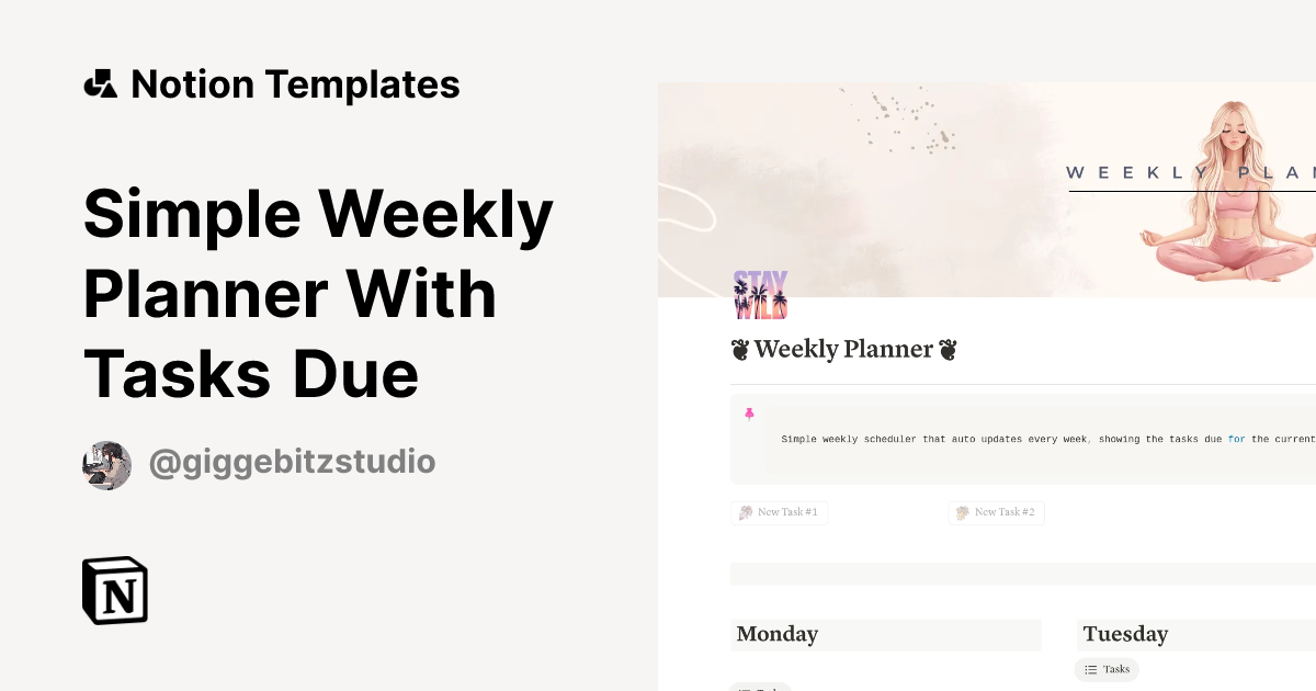 Simple Weekly Planner With Tasks Due Template | Notion Marketplace