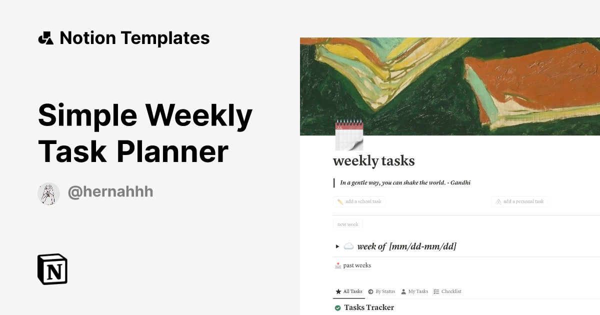 Simple Weekly Task Planner Template by Hernah | Notion Marketplace