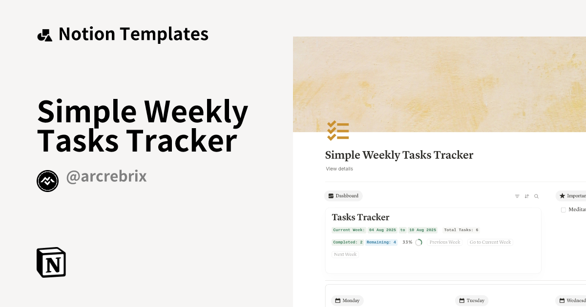 Simple Weekly Tasks Tracker Template | Notion Marketplace