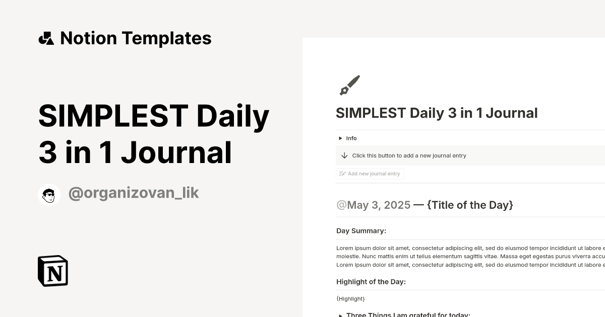 SIMPLEST Daily 3 in 1 Journal Template | Notion Marketplace