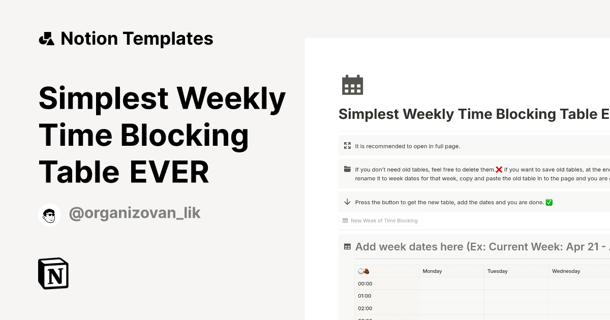 Simplest Weekly Time Blocking Table EVER Template | Notion Marketplace