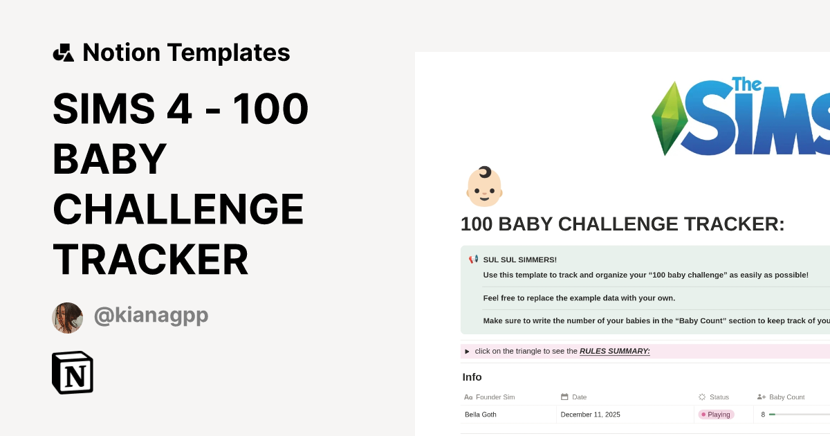 SIMS 4 - 100 BABY CHALLENGE TRACKER Template | Notion Marketplace