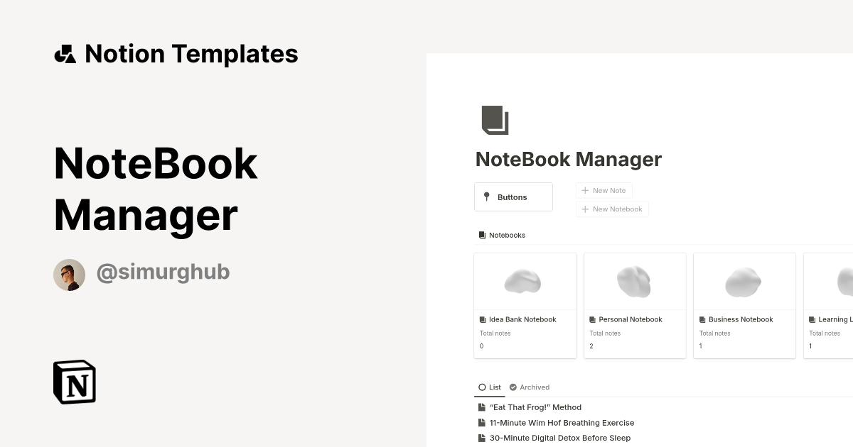 NoteBook Manager Template by Ivan | SimurgHub | Notion Marketplace