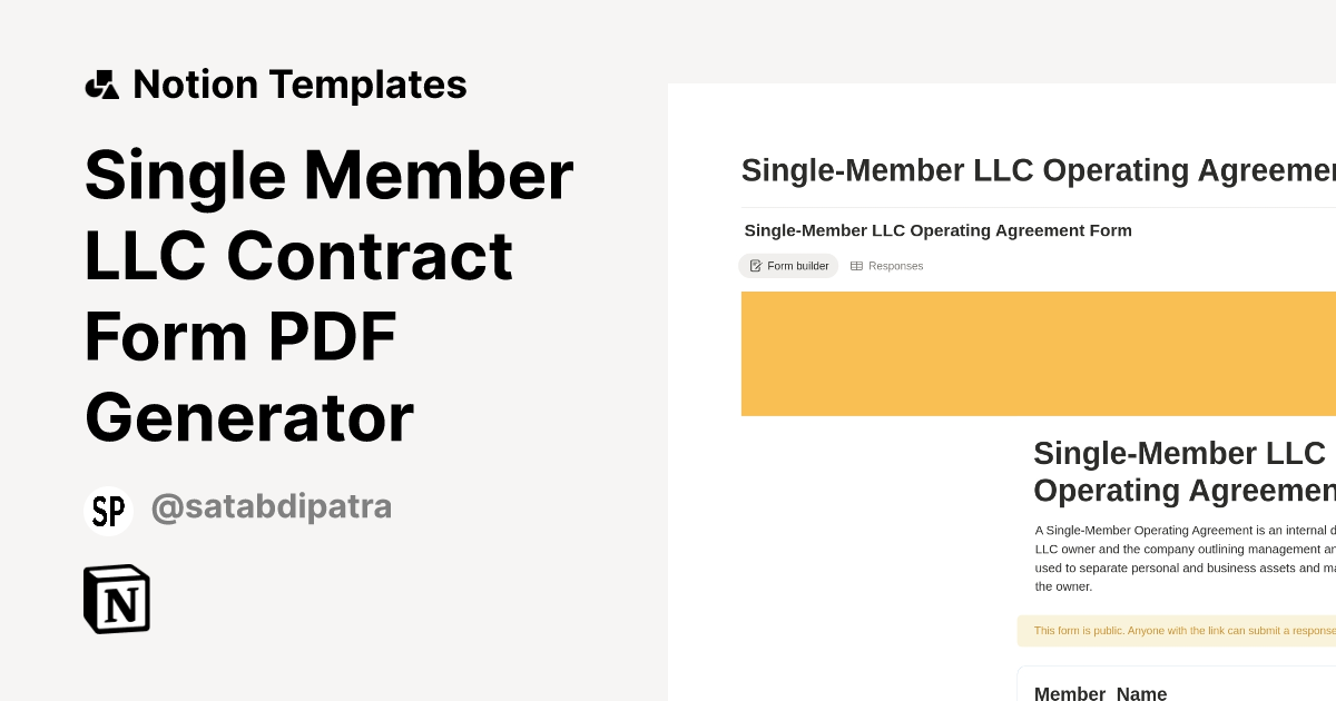 Single Member LLC Contract Form PDF Generator Template by Satabdi Patra ...