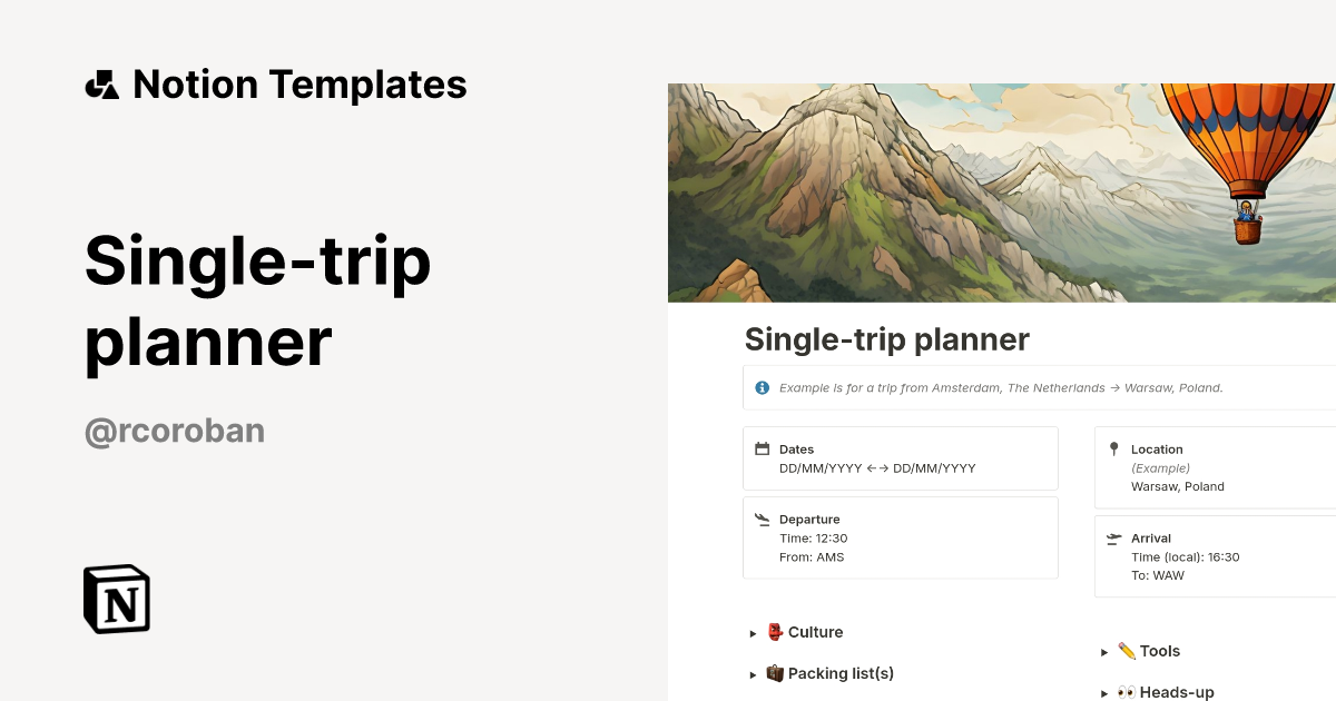 Single-trip planner Template | Notion Marketplace