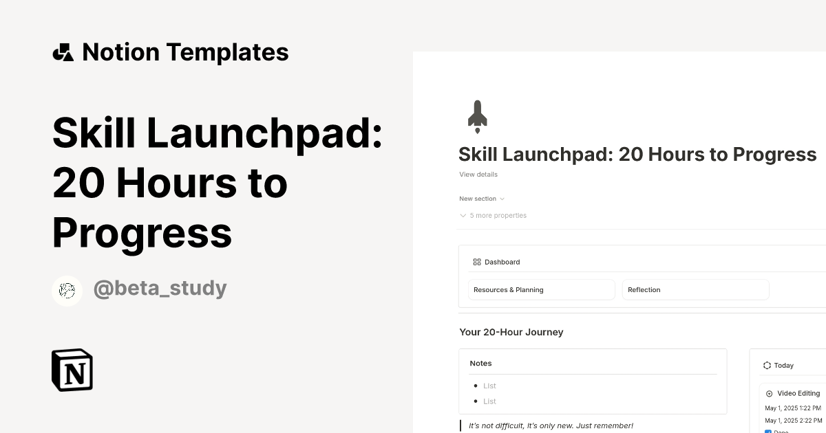 Skill Launchpad: 20 Hours to Progress Template by Beta Dreamer | Notion Marketplace