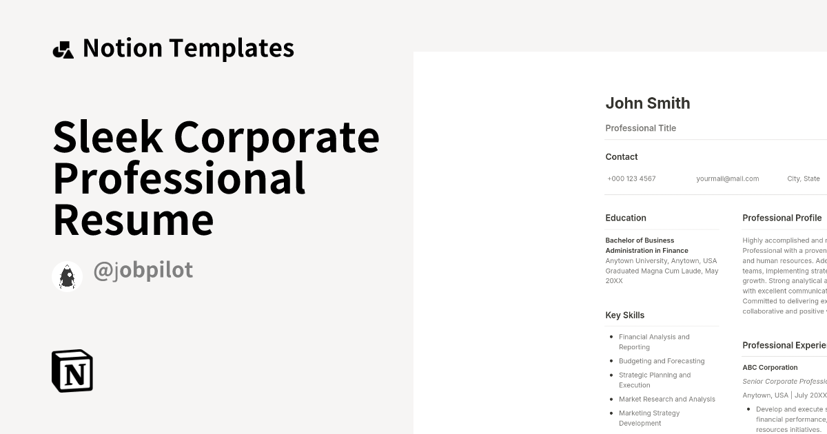 Sleek Corporate Professional Resume Template by Job Pilot | Notion ...