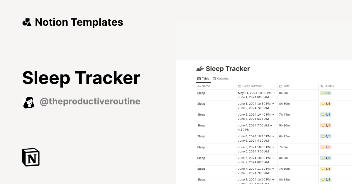 Sleep Tracker Template by Tina | The Productive Routine | Notion ...