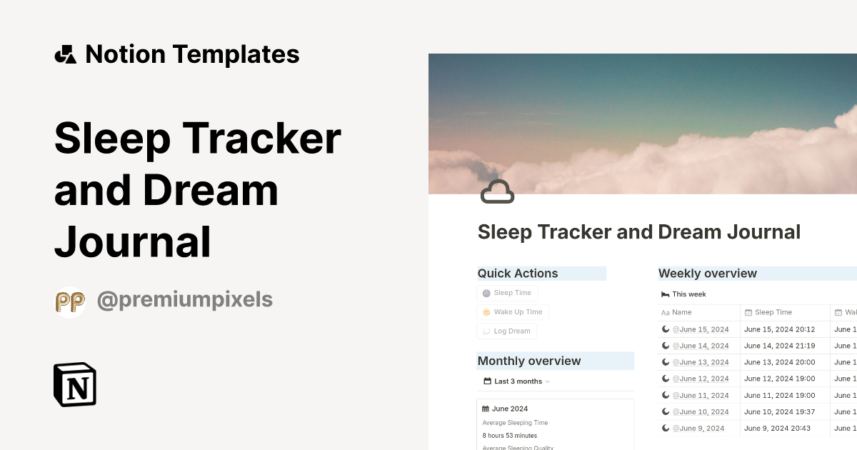 Sleep Tracker and Dream Journal Template by Premium Pixels | Notion Marketplace