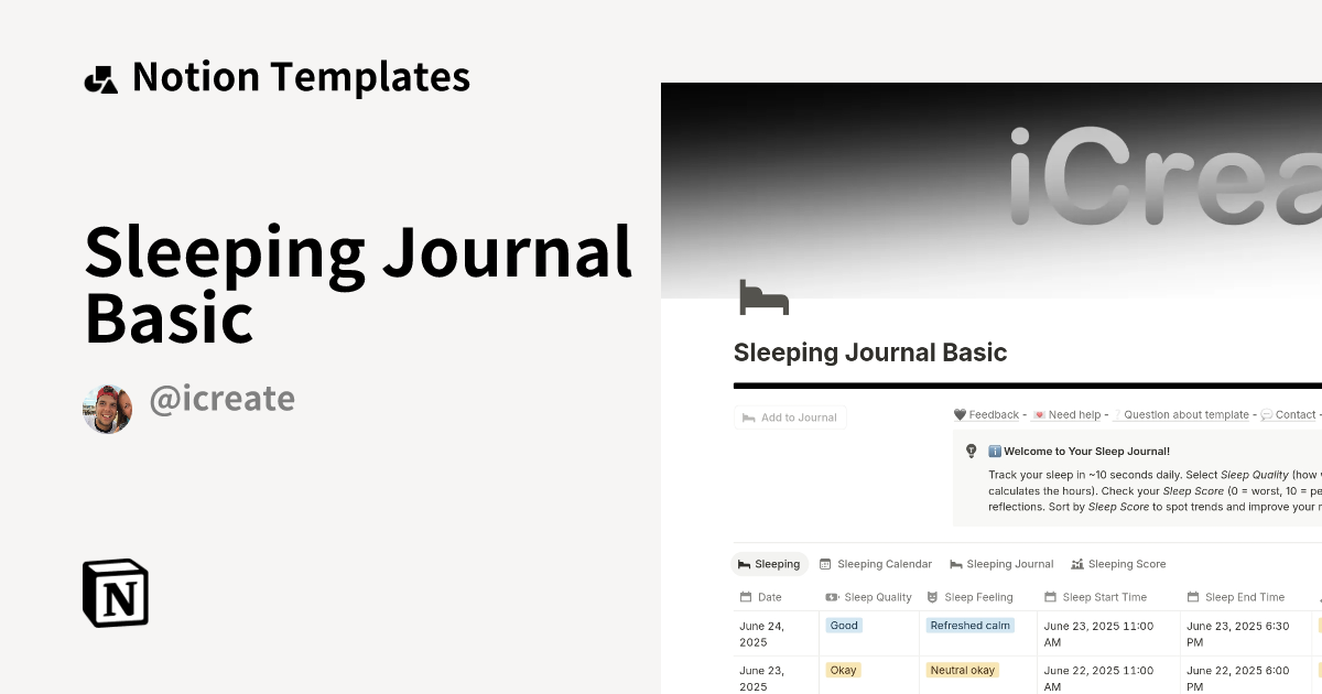 Sleeping Journal Basic Template | Notion Marketplace