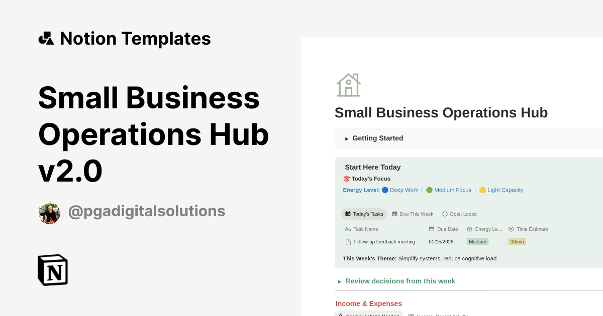 Small Business Operations Hub v2.0 Template by PGA Digital Solutions ...