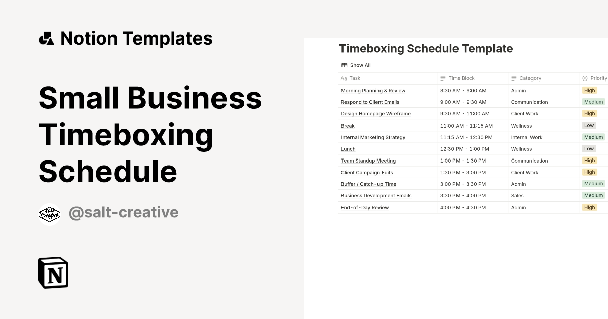 Small Business Timeboxing Schedule Template | Notion Marketplace