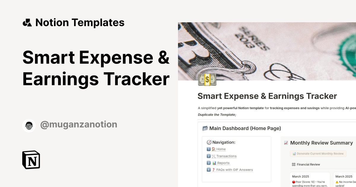 Smart Expense & Earnings Tracker Template by Muganza | Notion Marketplace