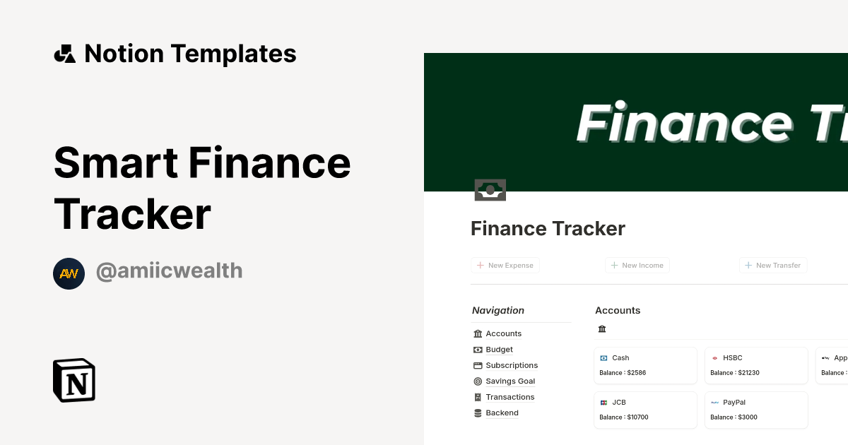 Smart Finance Tracker Template by AMIIC Wealth | Notion Marketplace
