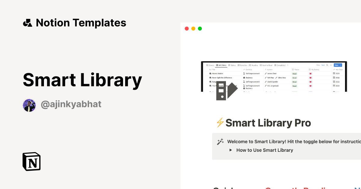 Smart Library Template by Ajinkya Bhat | Startup Notion | Notion Marketplace