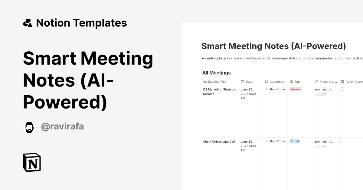 Smart Meeting Notes (AI-Powered) Template by Ravi Kumar | Notion ...