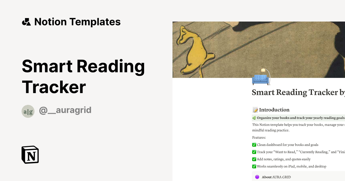 Smart Reading Tracker Template by AURA GRID | Notion Marketplace