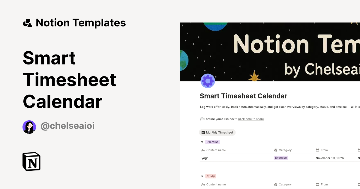 Smart Timesheet Calendar Template by Chelseaioi | Notion Marketplace