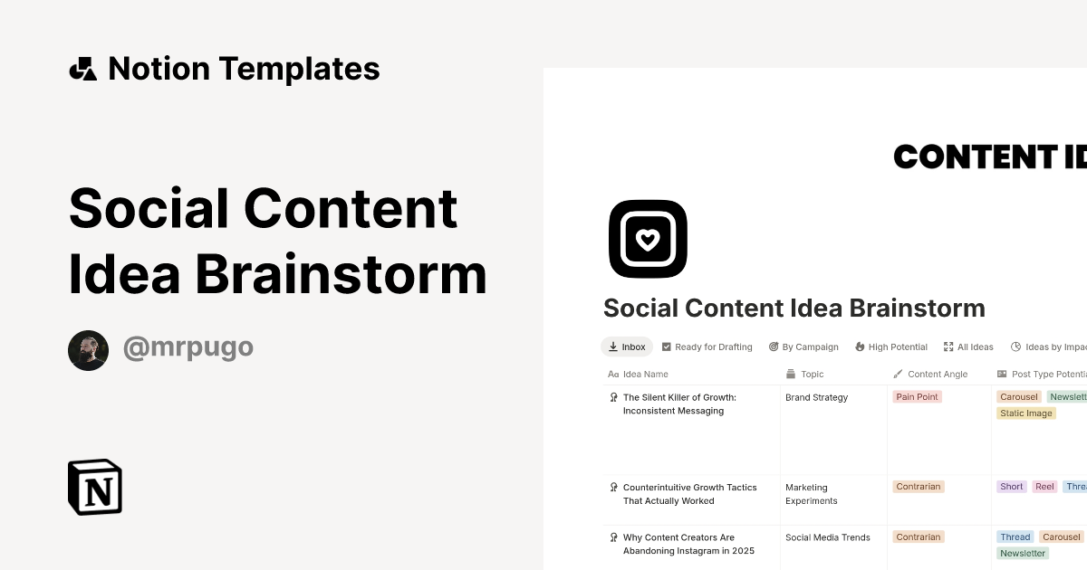 Social Content Idea Brainstorm Template | Notion Marketplace