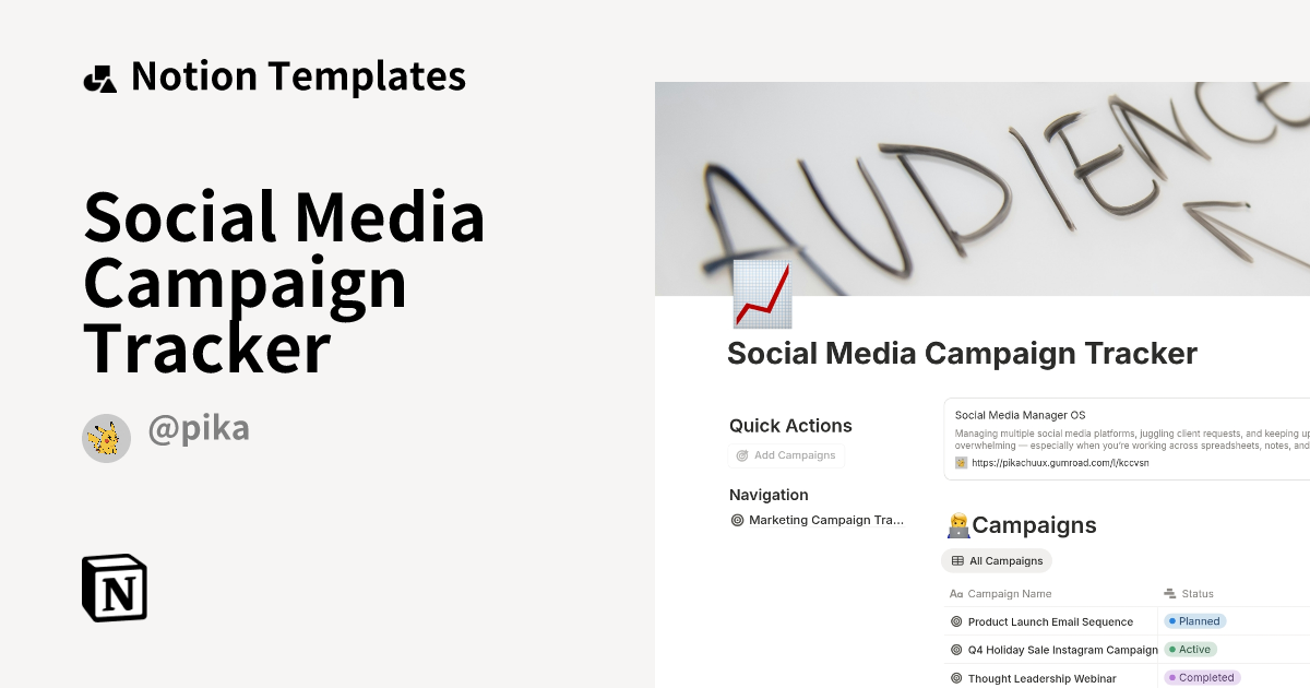 Social Media Campaign Tracker Template by Pika | Notion Marketplace