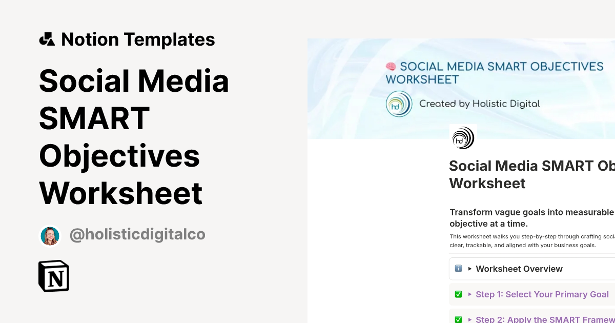Social Media SMART Objectives Worksheet Template by Holistic Digital ...