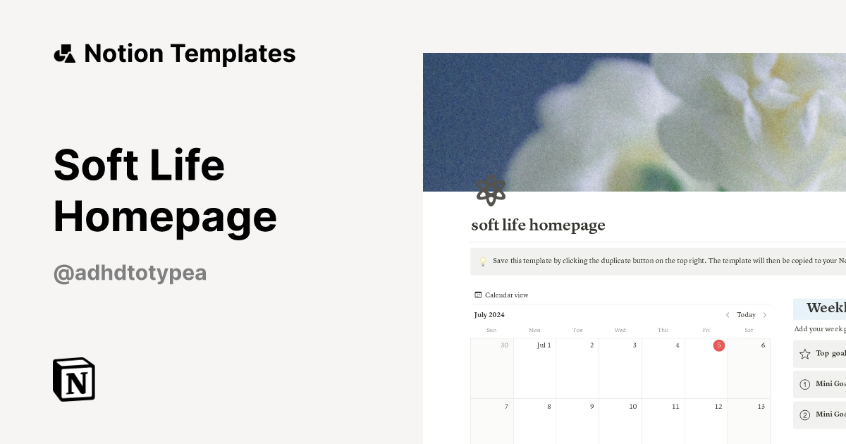 Soft Life Homepage Template by adhdtotypea | Notion Marketplace