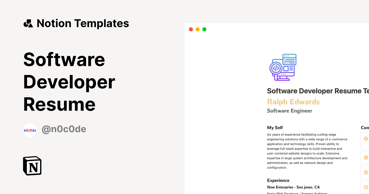Software Developer Resume Template by n0c0de | Notion Marketplace