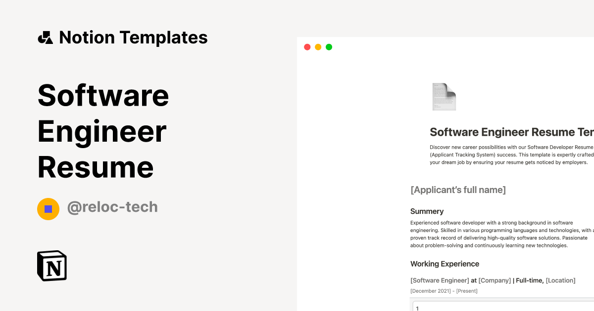 Software Engineer Resume Template by Reloc-tech | Notion Marketplace