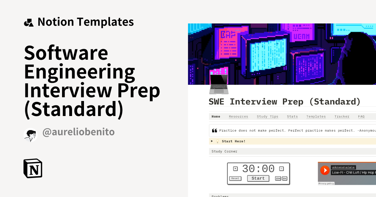Software Engineering Interview Prep (Standard) Template by Aurelio Benito | Notion Marketplace