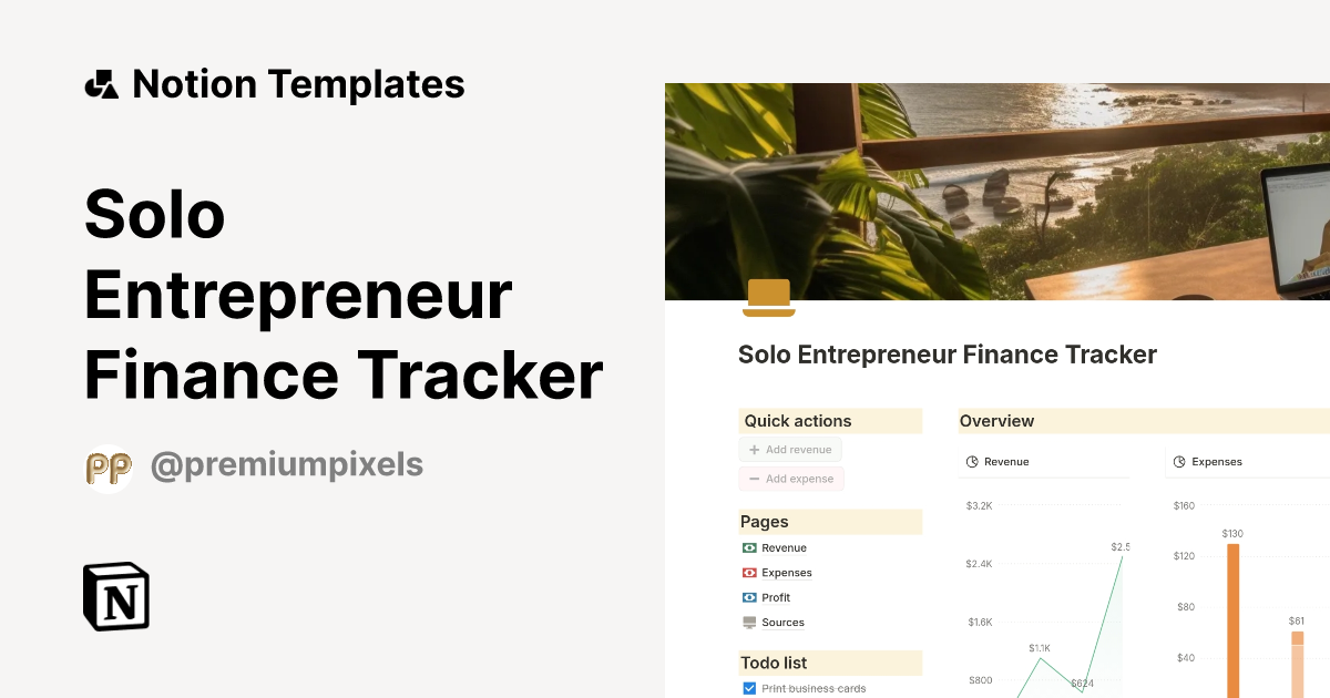 Solo Entrepreneur Finance Tracker Template by Premium Pixels | Notion Marketplace