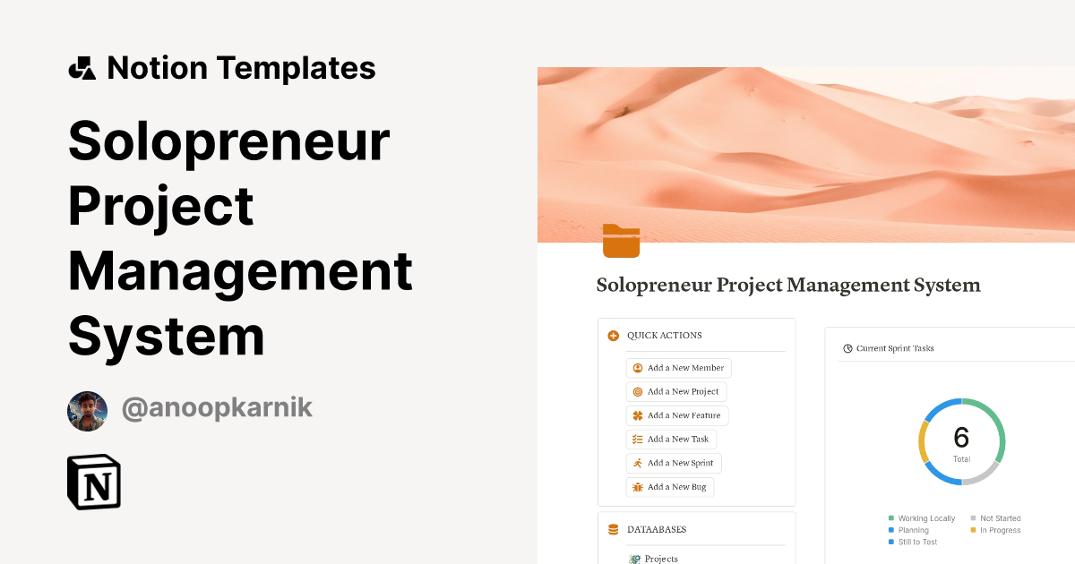 Solopreneur Project Management System Template by Anoop Karnik | Notion Marketplace