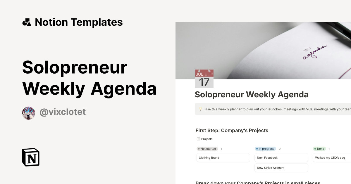 Solopreneur Weekly Agenda Template by Vix Clotet | Notion Marketplace