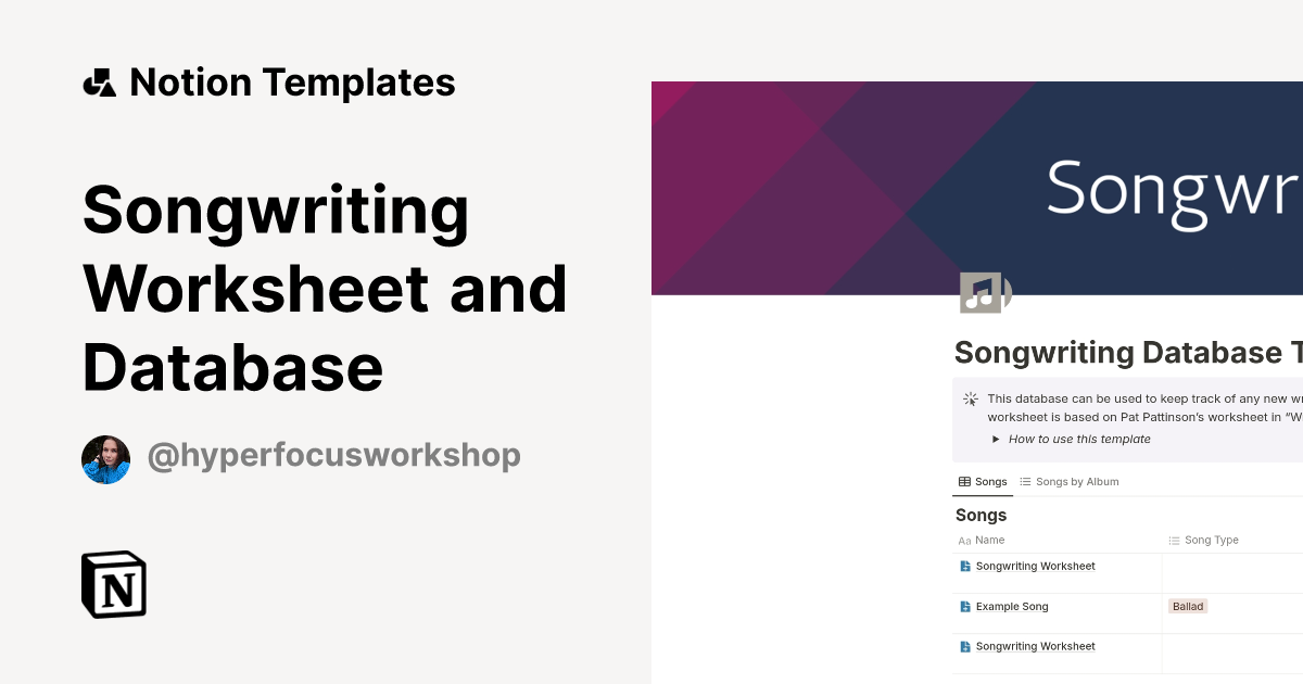 Songwriting Worksheet and Database Template by HyperFocus Workshop ...