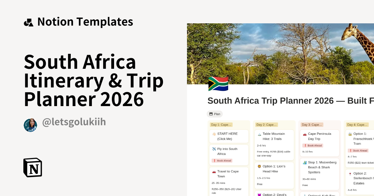 South Africa Itinerary & Trip Planner 2026 Template by Let's Go Lukiih ...