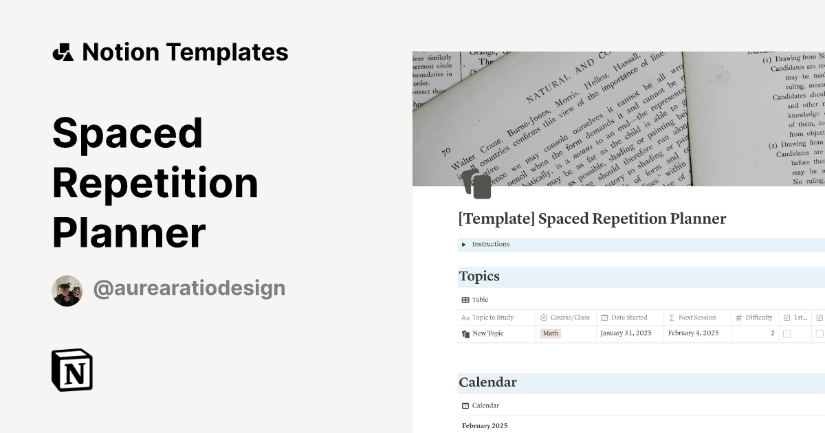 Spaced Repetition Planner Template by Aurea Ratio Design | Notion Marketplace