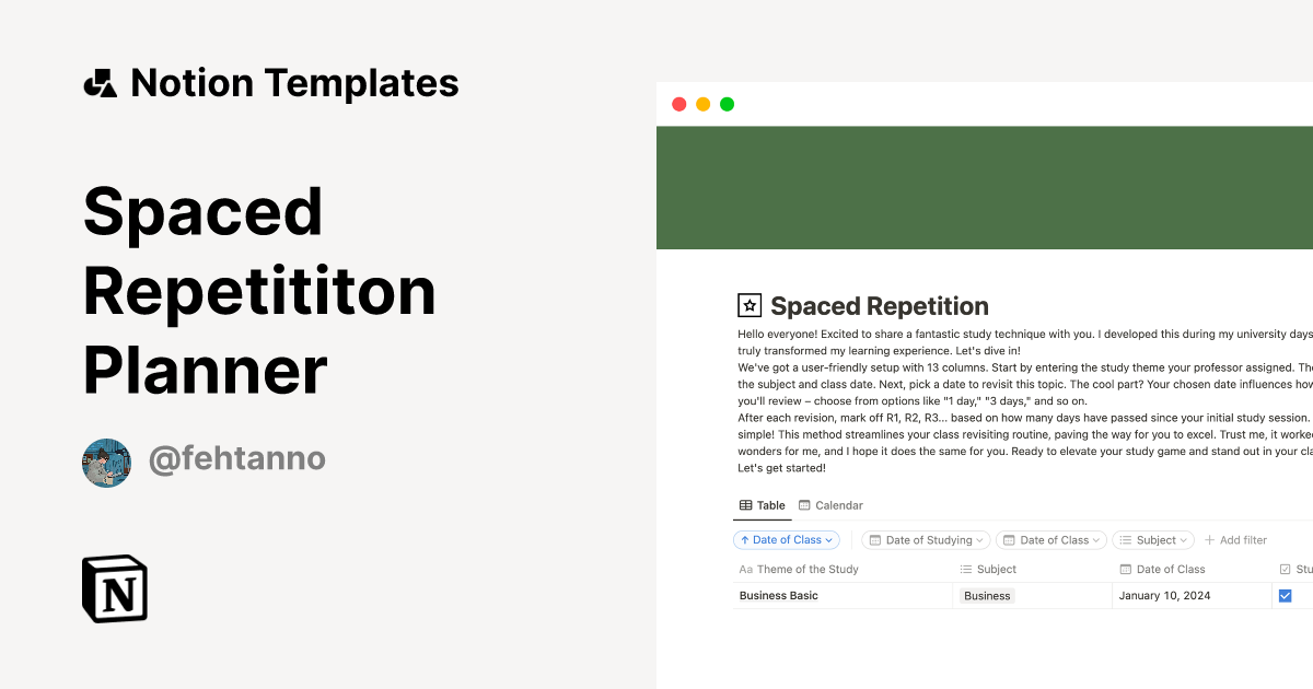Spaced Repetititon Planner Template | Notion Marketplace
