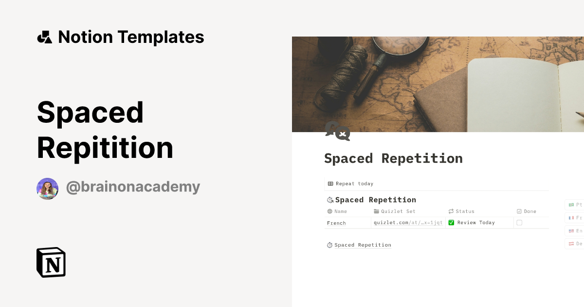 Spaced Repitition Template by Brain On Academy | Notion Marketplace