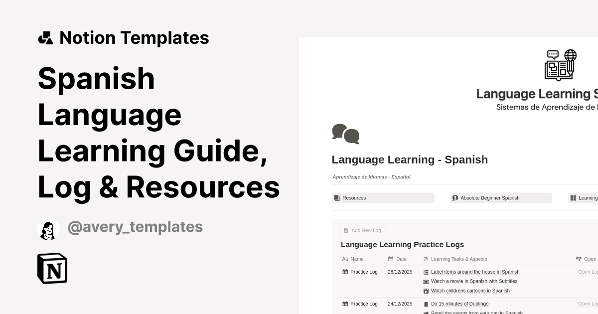 Spanish Language Learning Guide, Log & Resources Template | Notion ...