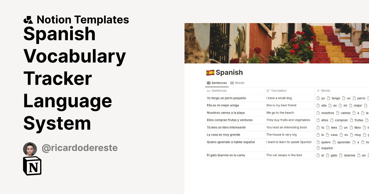 Spanish Vocabulary Tracker Language System Template by Ricardo Dereste ...