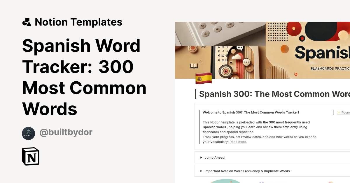 Spanish Word Tracker: 300 Most Common Words Template by Built by Dor | Notion Marketplace