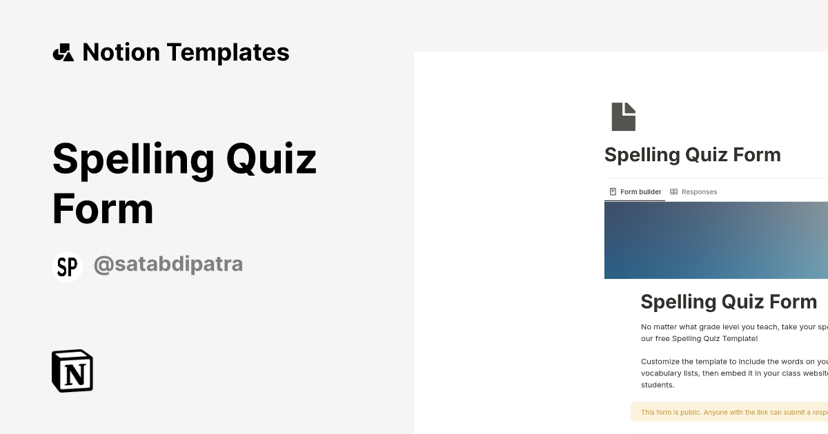 Spelling Quiz Form Template by Satabdi Patra | Notion Marketplace