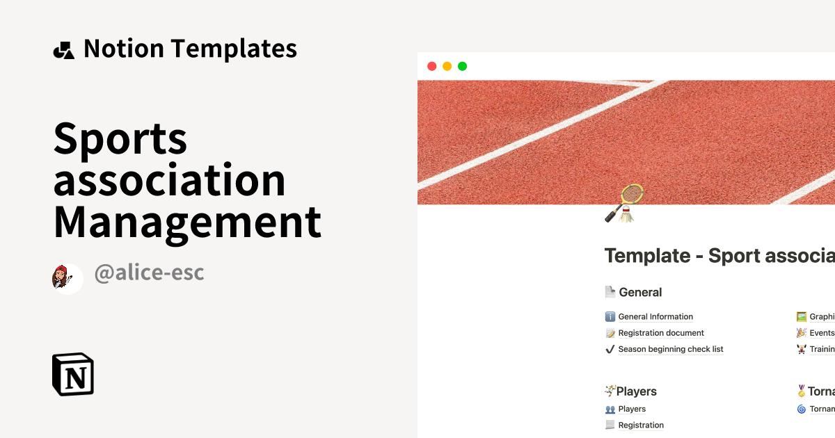 Sports association Management Template by Alice Esc | Notion Marketplace