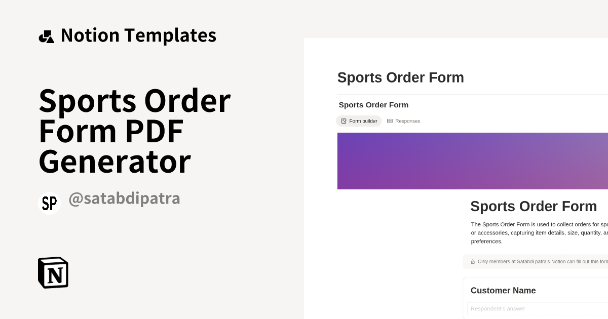 Sports Order Form PDF Generator Template by Satabdi Patra | Notion ...