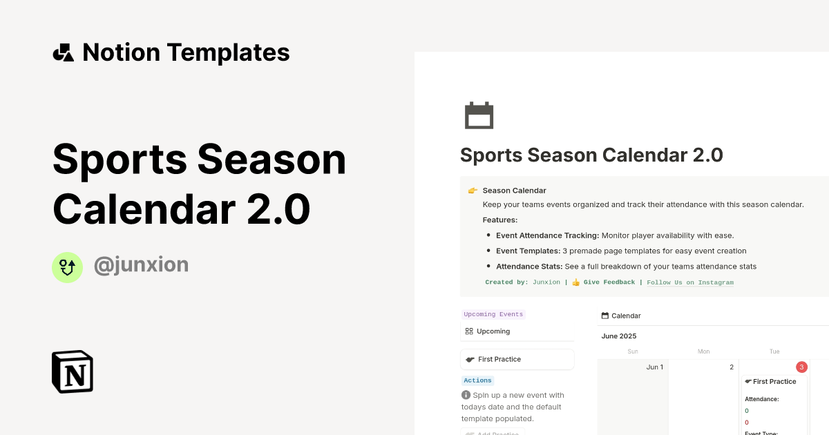 Sports Season Calendar 2.0 Template by Junxion | Notion Marketplace