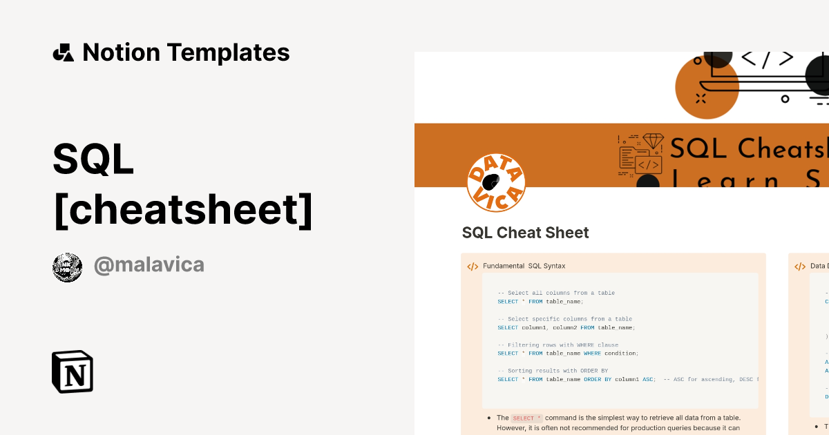 Sql Cheatsheet Template By Malavica Notion Marketplace