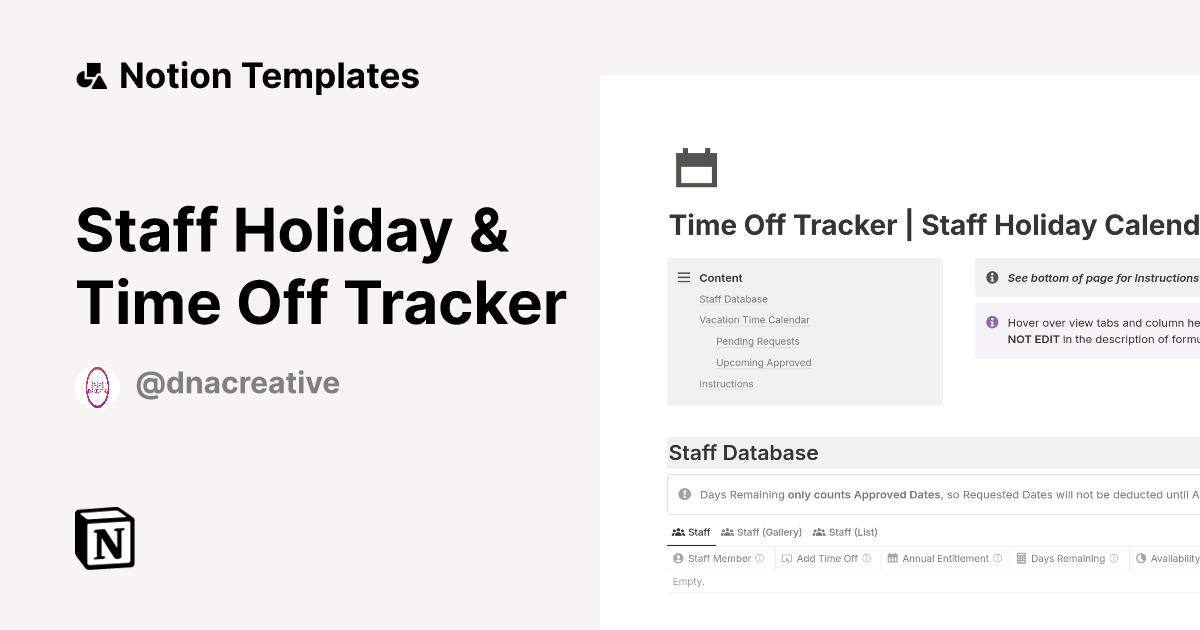 Staff Holiday & Time Off Tracker Template by DnA Creative | Notion ...