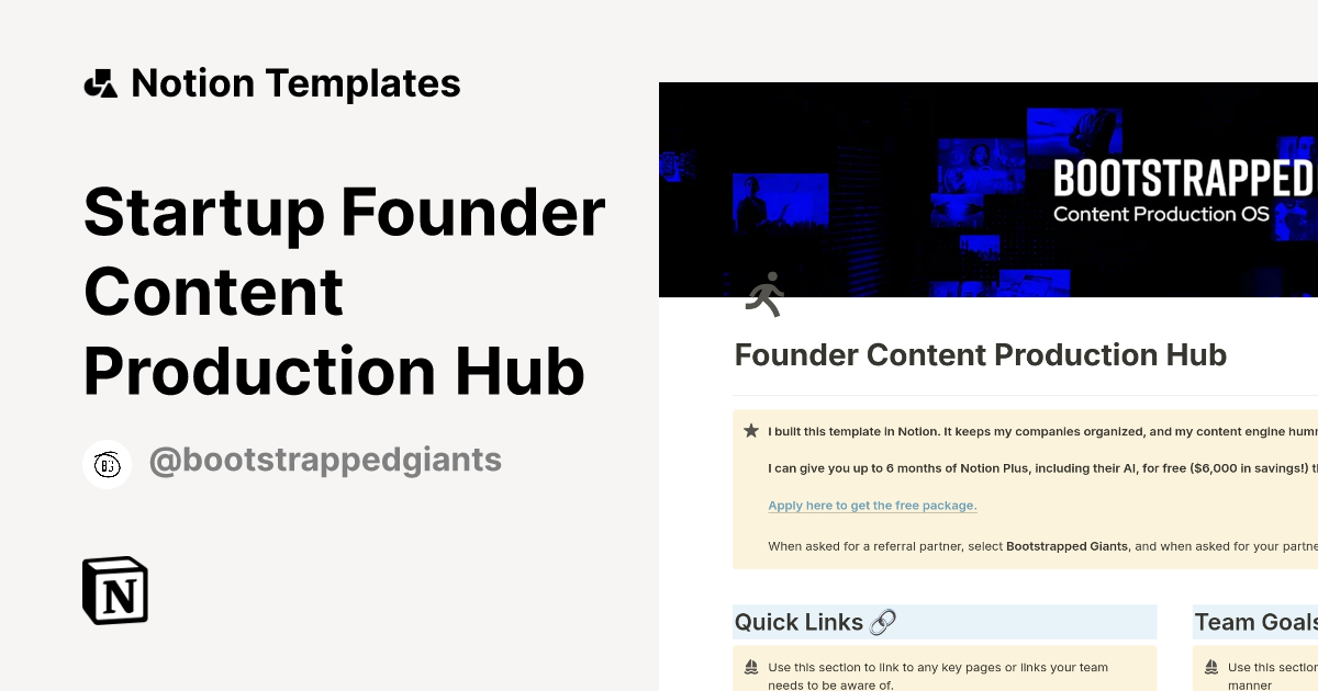 Startup Founder Content Production Hub Template by Bootstrapped Giants | Notion Marketplace