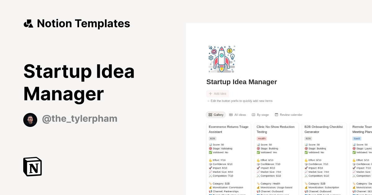 Startup Idea Manager Template by Tyler Pham | Notion Marketplace