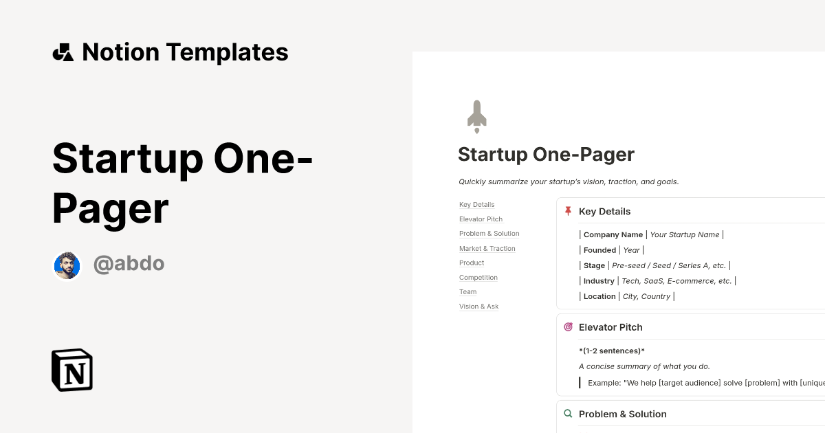 Startup One-Pager Template by Abdo Karmalla | Notion Marketplace